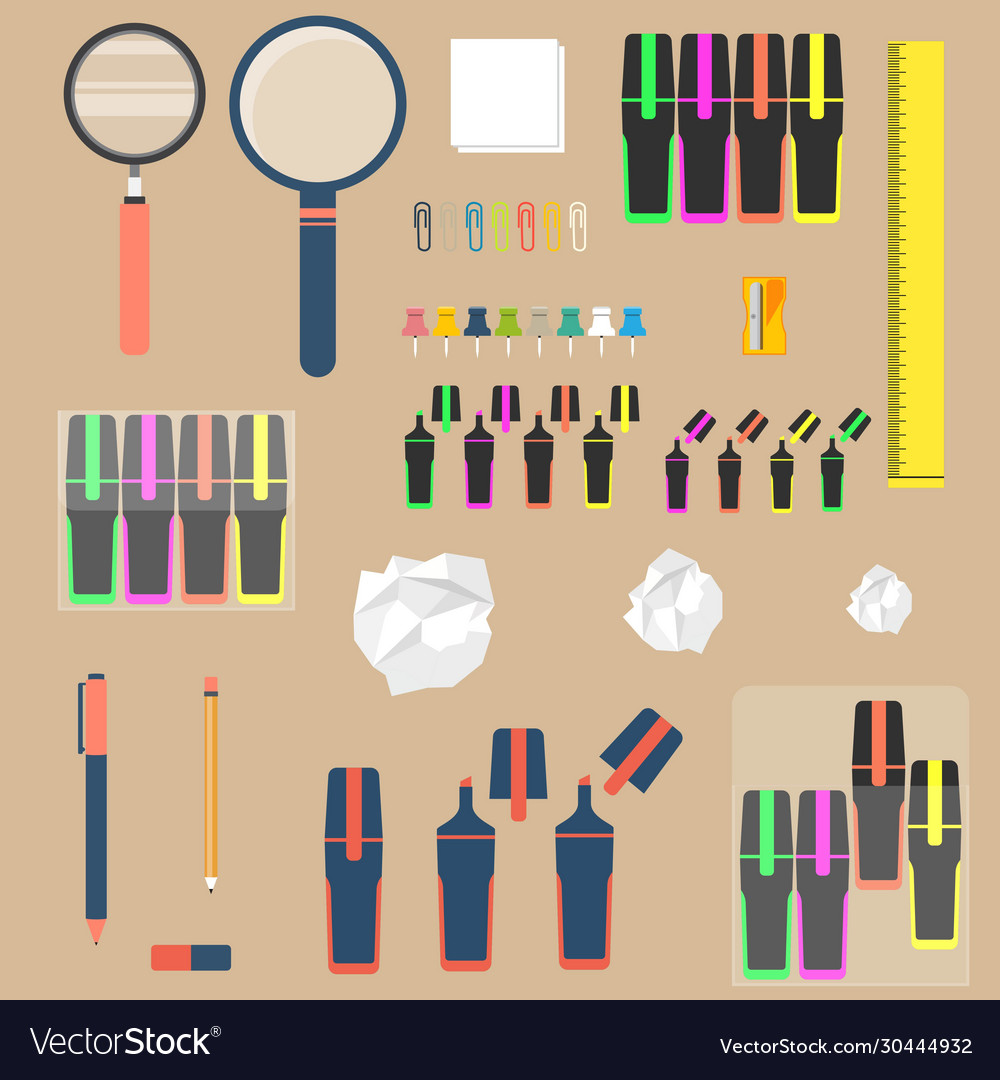 Set desk objects flat design Royalty Free Vector Image