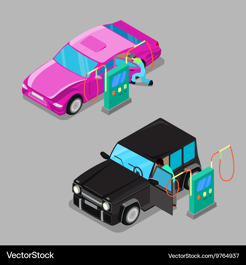Isometric car cleaner station driver cleaning car Vector Image