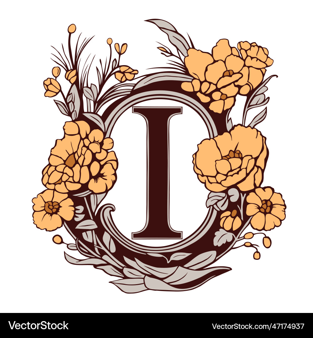 Letter i floral monogram vintage ornament initial Vector Image