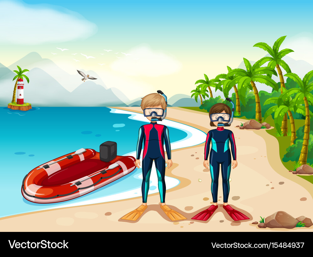 Two scuba divers and boat in sea Royalty Free Vector Image