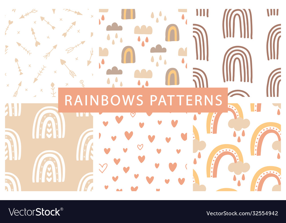 Cute rainbows seamless patterns set Royalty Free Vector