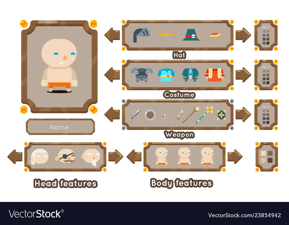 Game character generation interface weapons screen