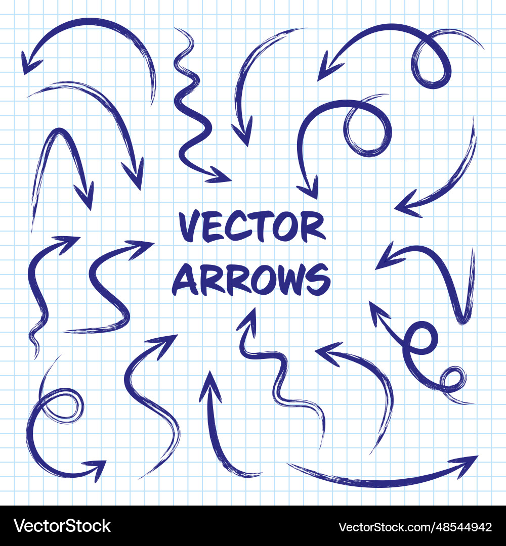 Grunge hand drawn arrows on checkered paper sheet Vector Image