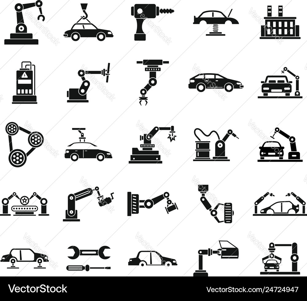 Car factory icons set simple style Royalty Free Vector Image