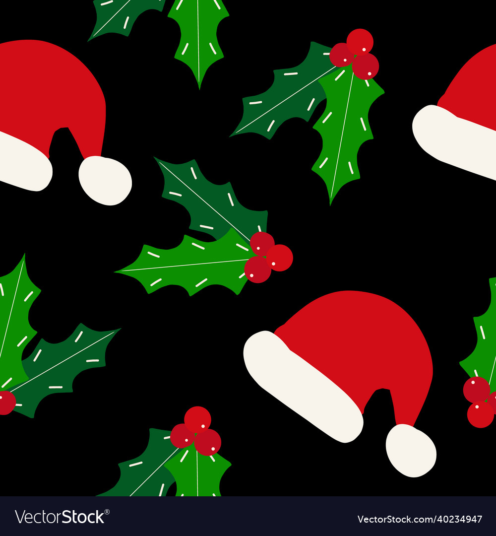 Holly And Santa Hat Christmas Seamless Pattern Vector Image