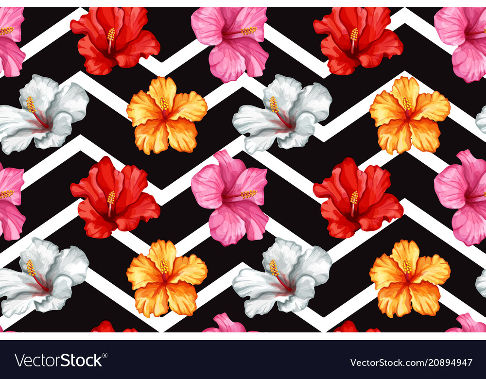 Tropical Leaves Hibiscus Seamless Pattern Vector Image