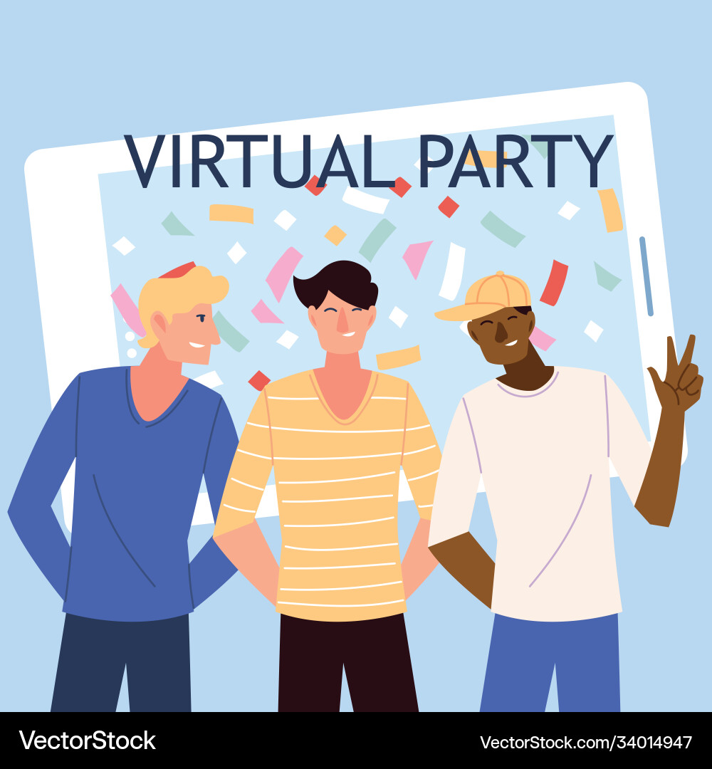 Virtual party men cartoons in front smartphone Vector Image