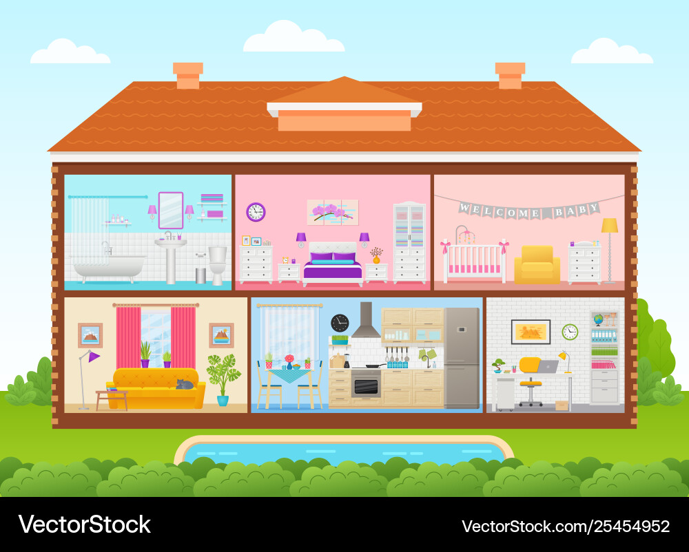 House interior cutaway with rooms in flat design Vector Image