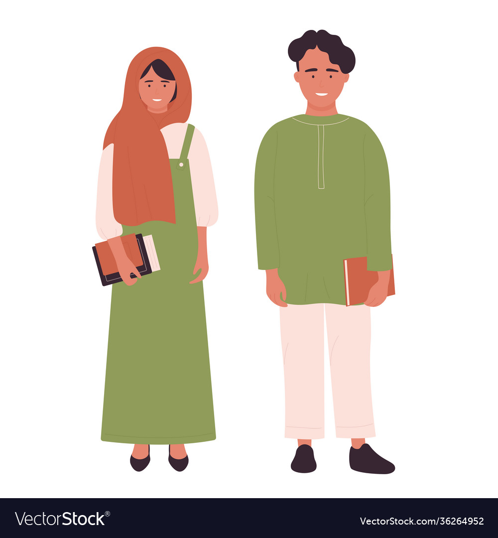 Muslim girl and boy teenagers with school bag Vector Image