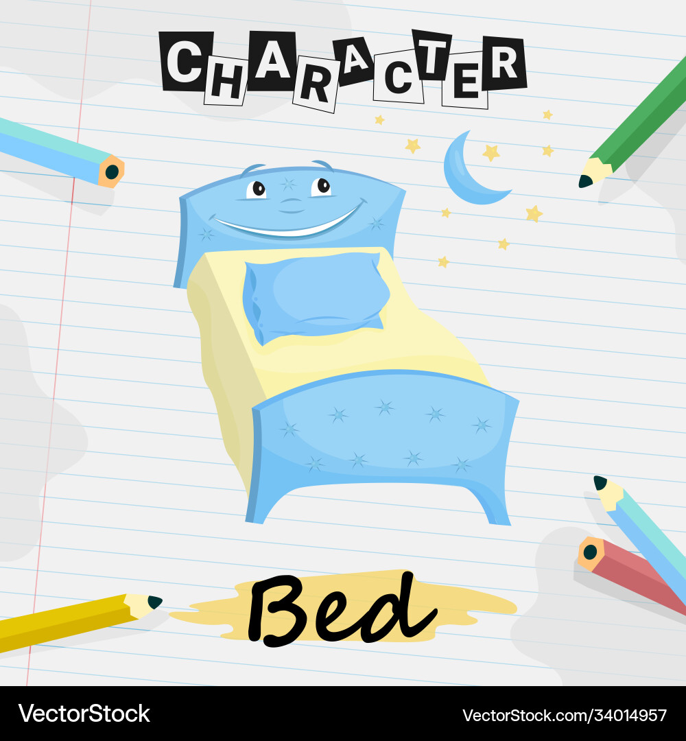 Cartoon single bed with linens smiling flat Vector Image