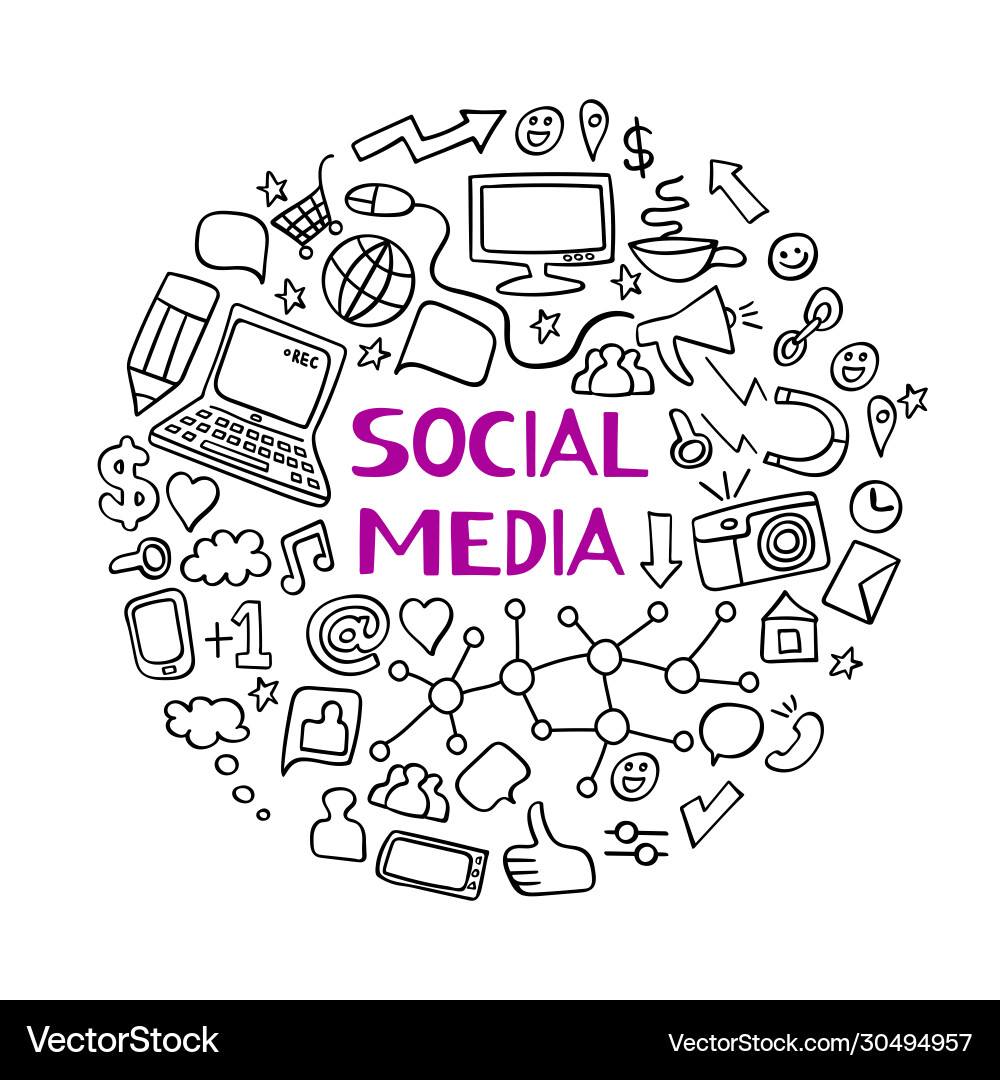 Social media doodles set with lettering Royalty Free Vector