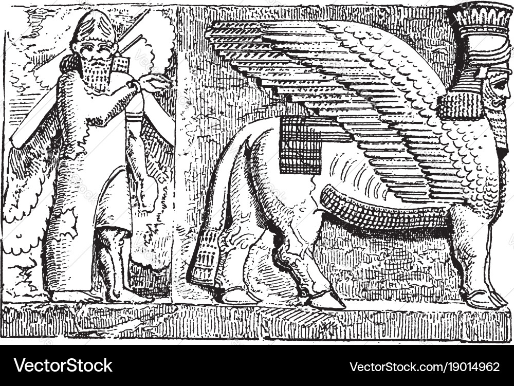 Assyrian wall relief have showing four hunters Vector Image