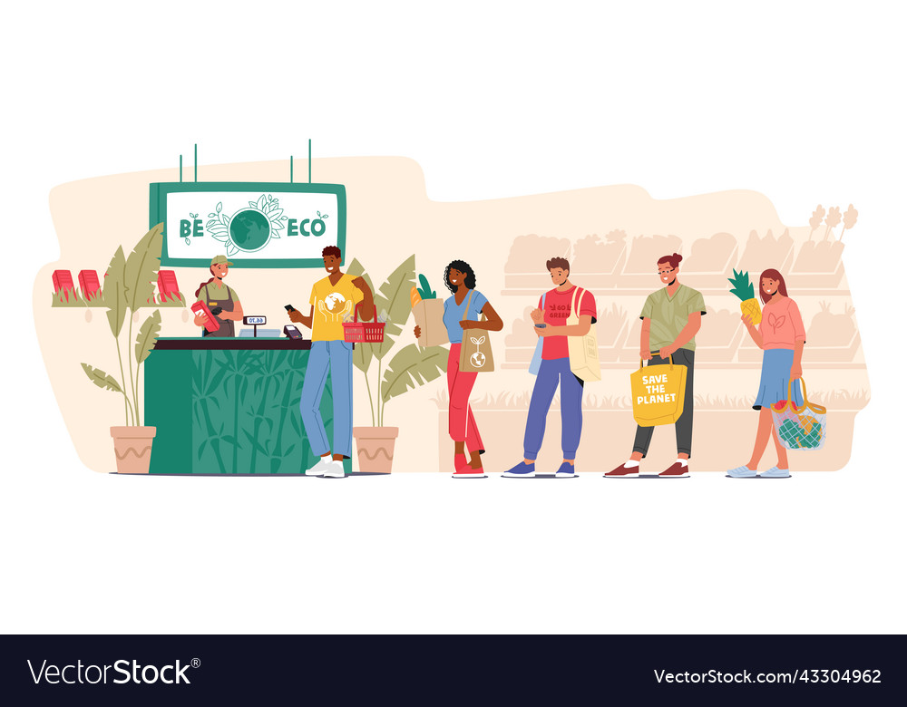 Happy people stand in queue with reusable Vector Image