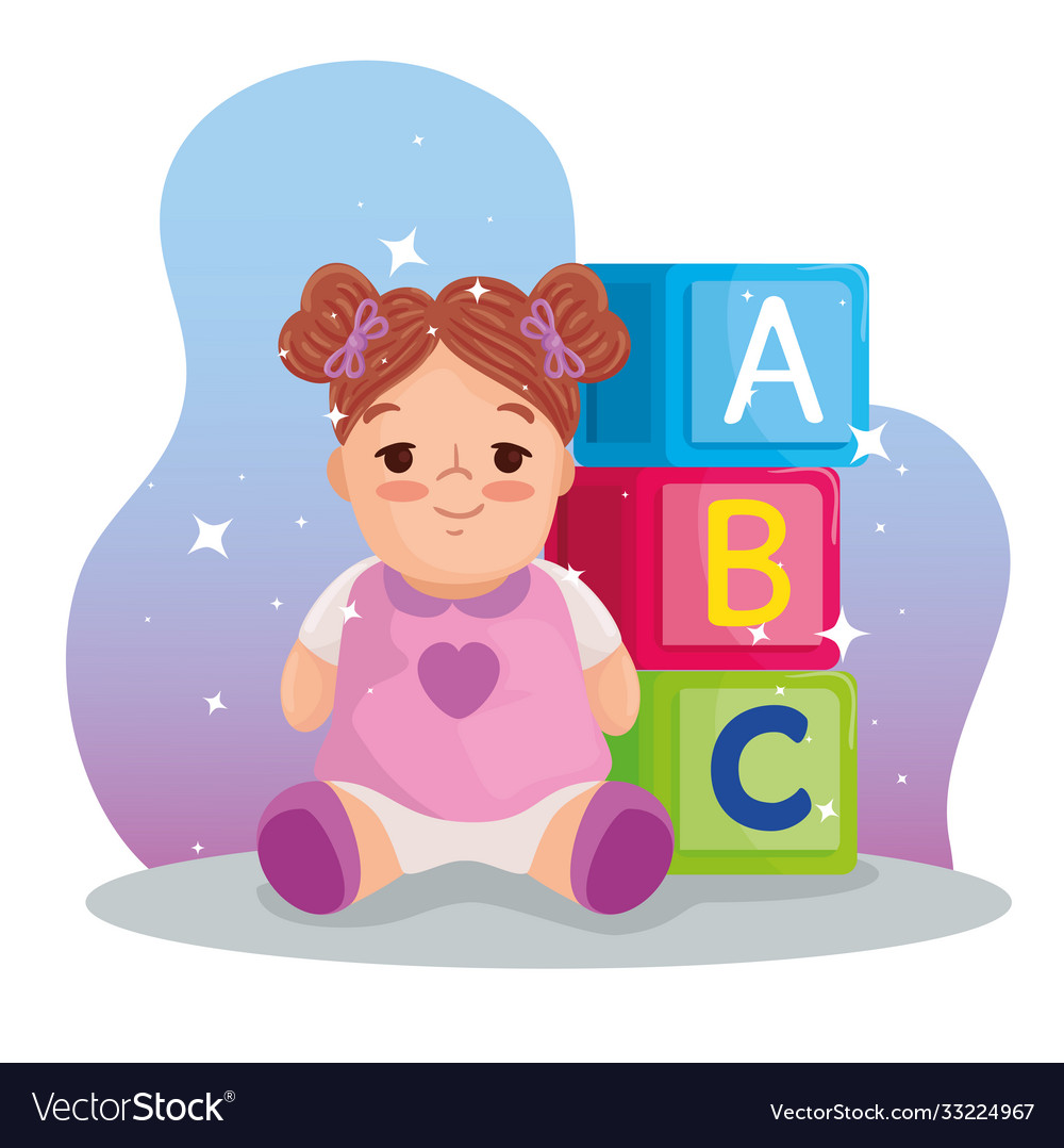 Kids toys cute doll and alphabet cubes Royalty Free Vector