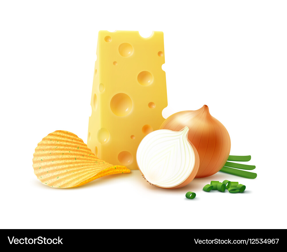 Potato ripple chips with cheese onion close up Vector Image
