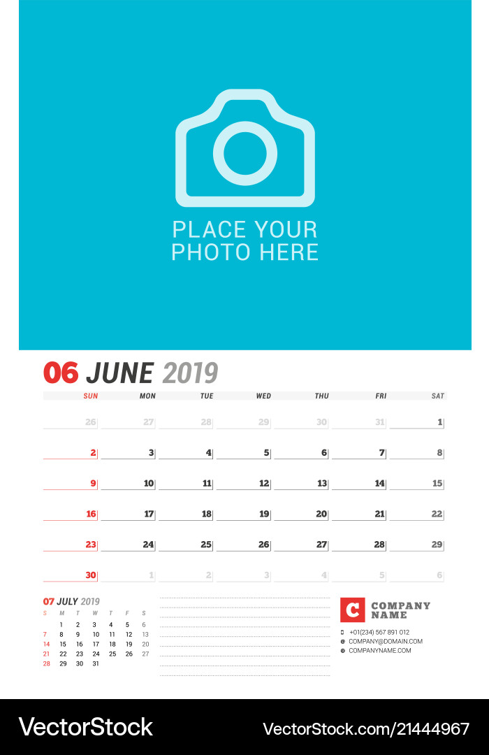 Wall calendar planner for 2019 year june print Vector Image