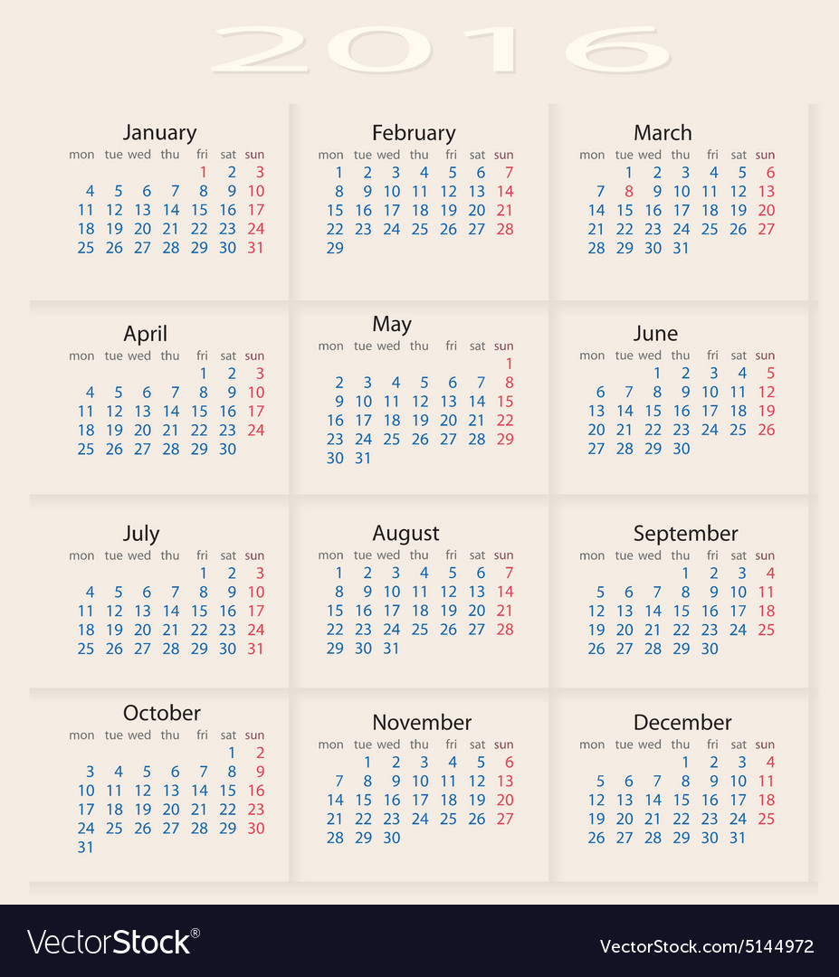Calendar 2016 Royalty Free Vector Image - VectorStock