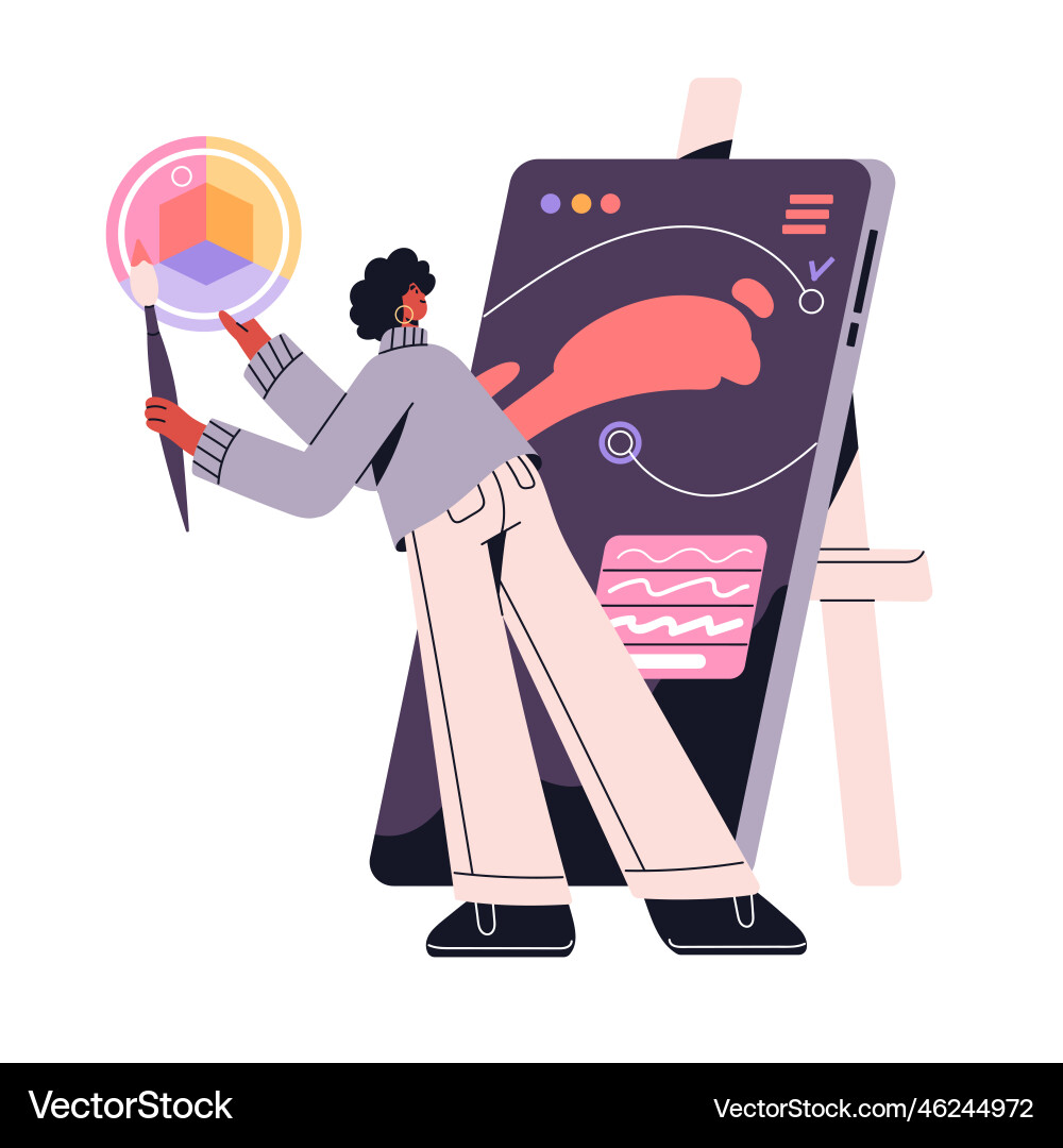 Digital artist drawing on mobile phone app screen Vector Image