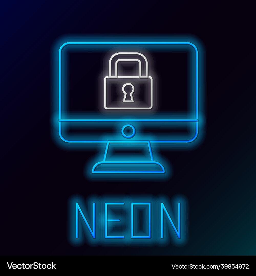 Glowing neon line lock on computer monitor screen Vector Image
