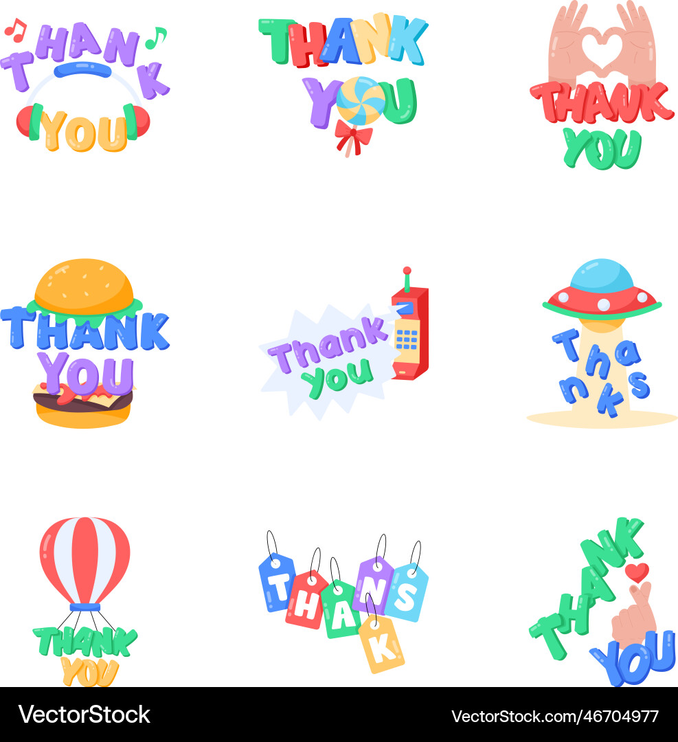 Pack of thanks lettering flat stickers Royalty Free Vector