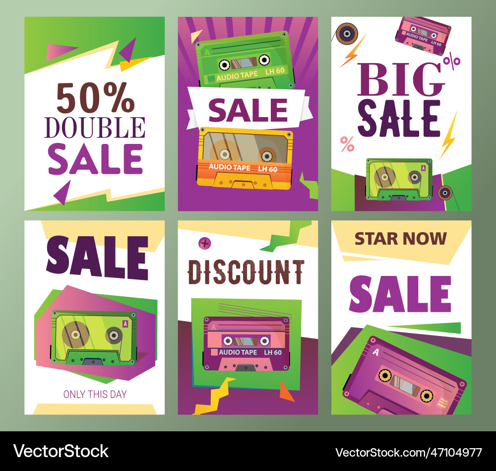 Sale flyers set with stereo cassettes Royalty Free Vector