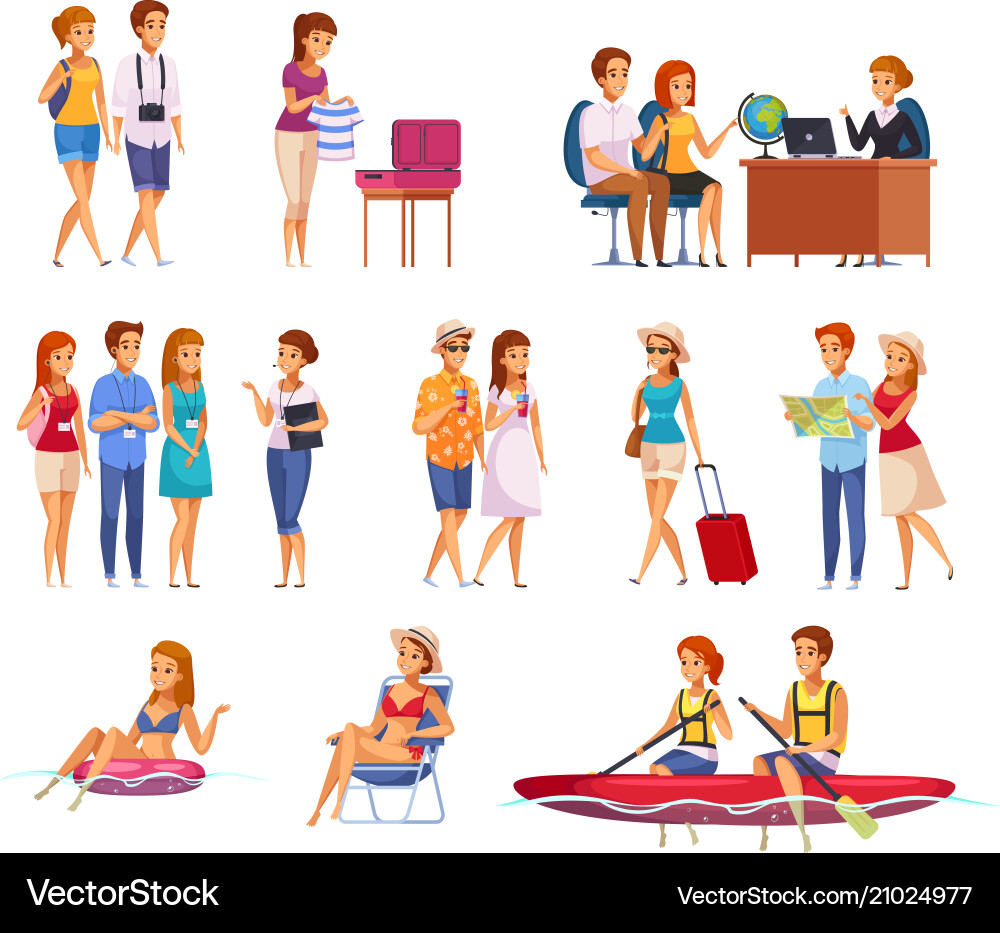 Travel agency cartoon set Royalty Free Vector Image