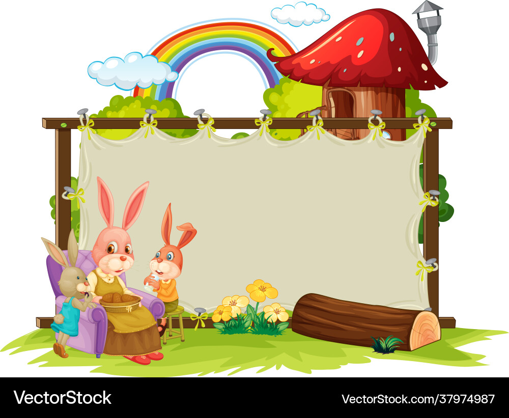 Blank banner in garden with cute rabbits Vector Image
