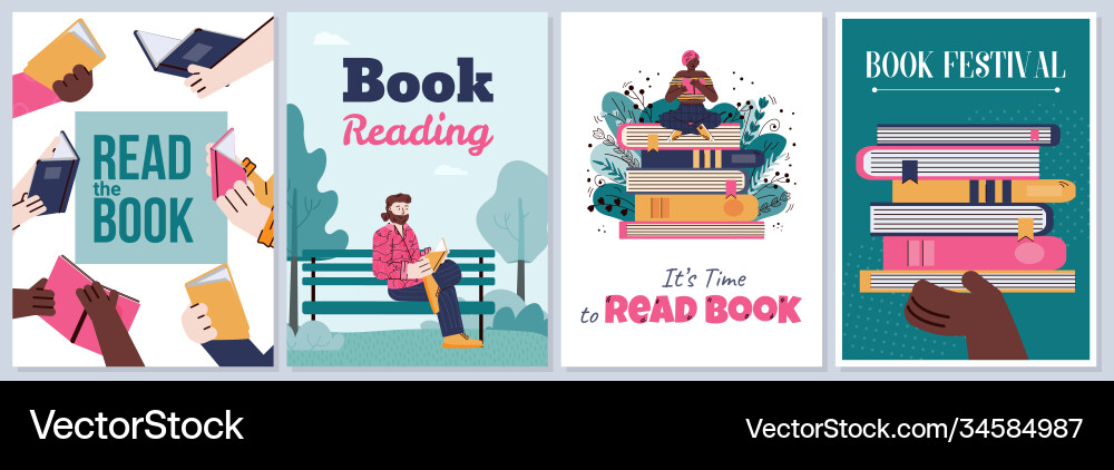 Media posters or cards set with people reading Vector Image