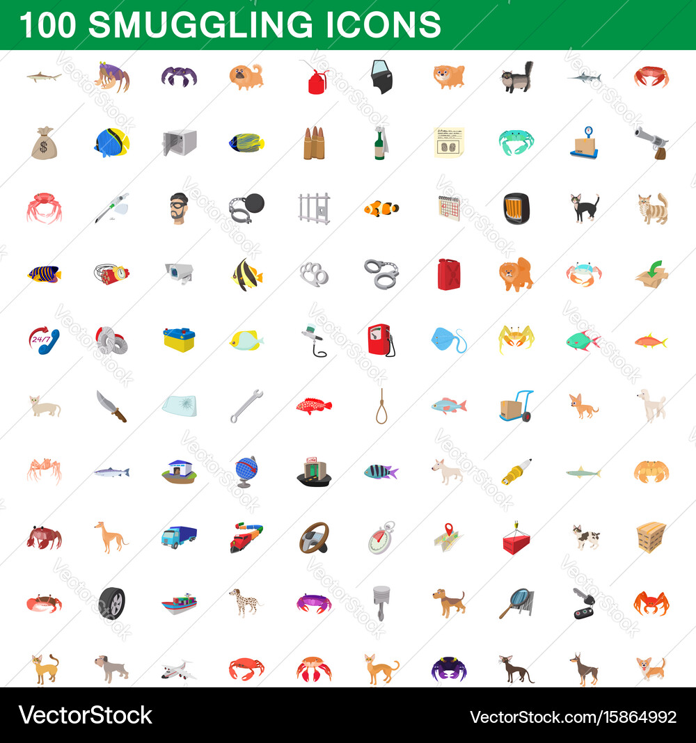 100 smuggling icons set cartoon style Royalty Free Vector