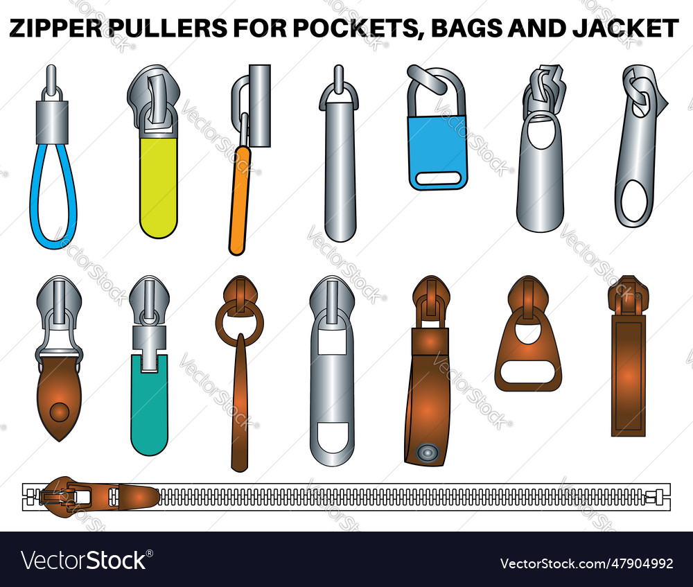 Brass metal zipper puller flat sketch set Vector Image
