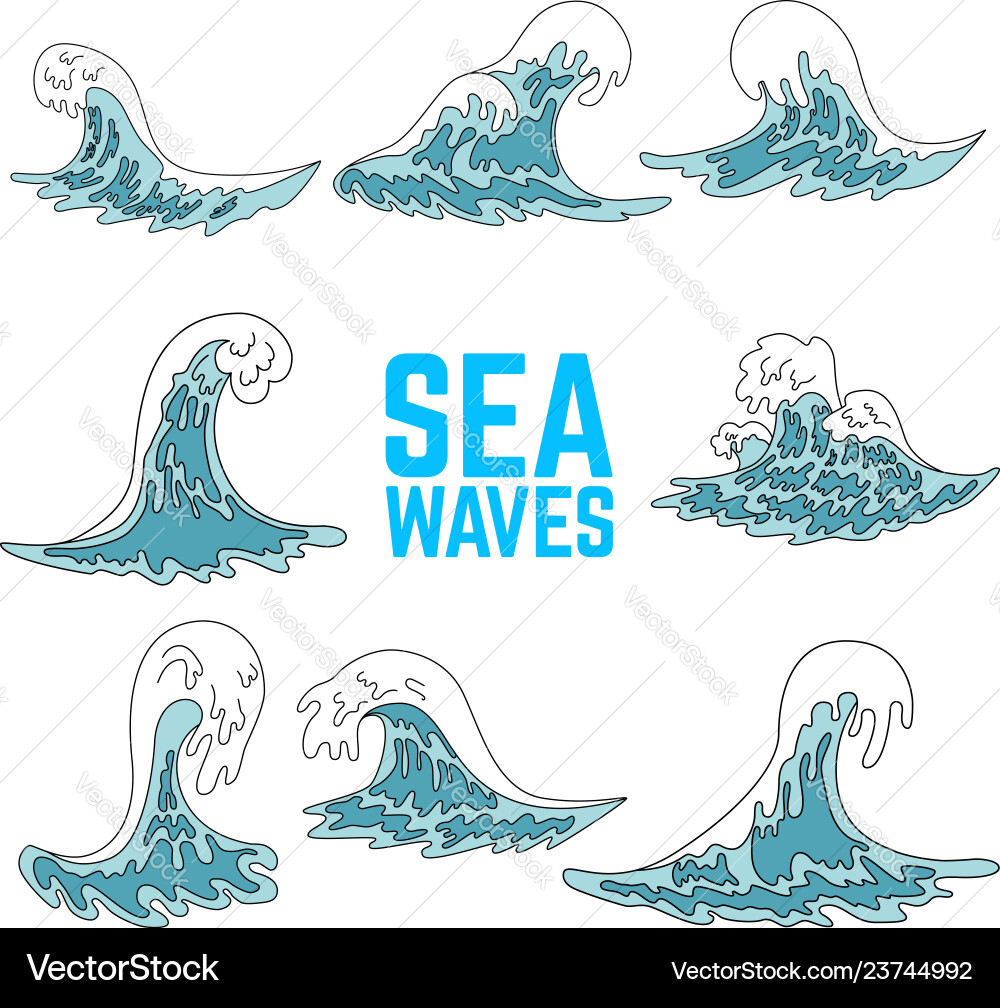Set of sea waves design elements for poster card Vector Image