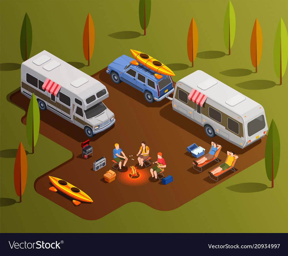 Friendly camping isometric composition Royalty Free Vector