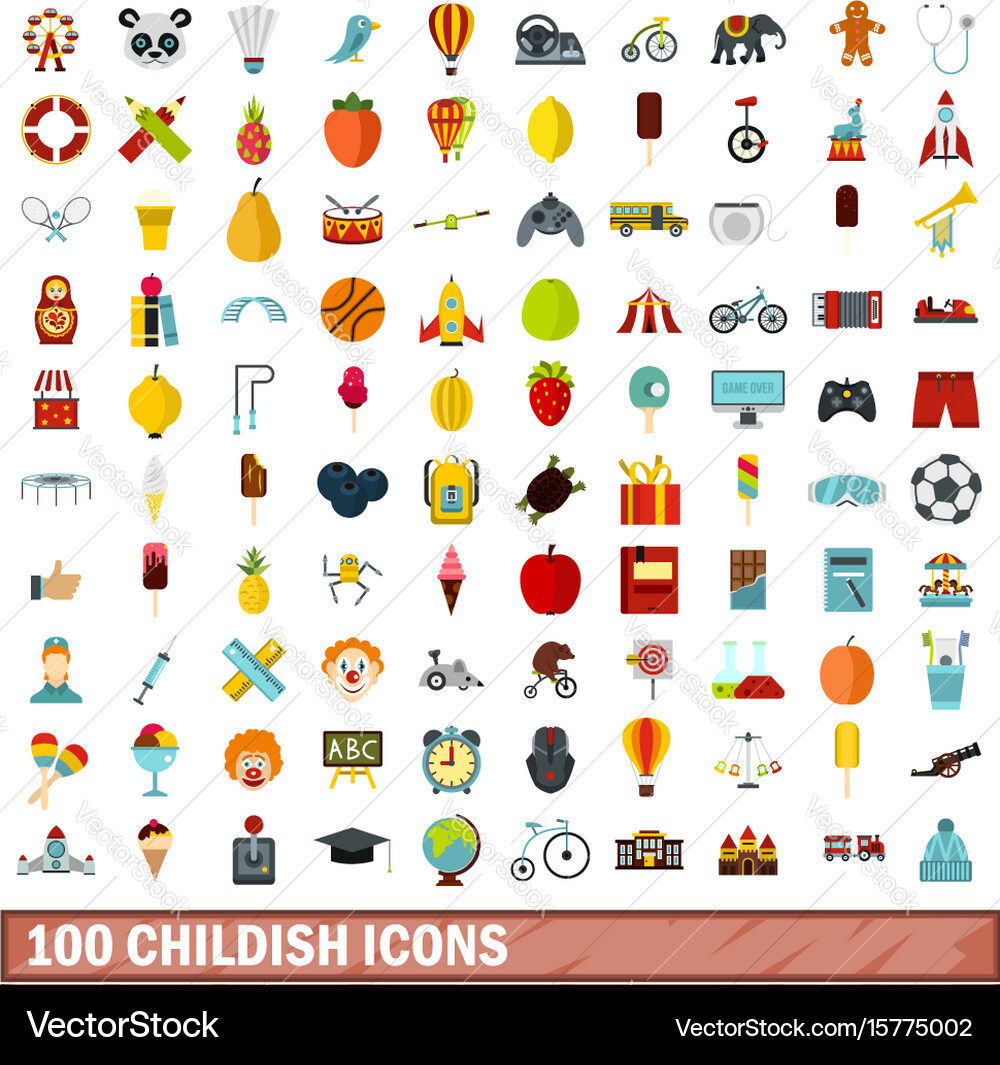 100 childish icons set flat style Royalty Free Vector Image