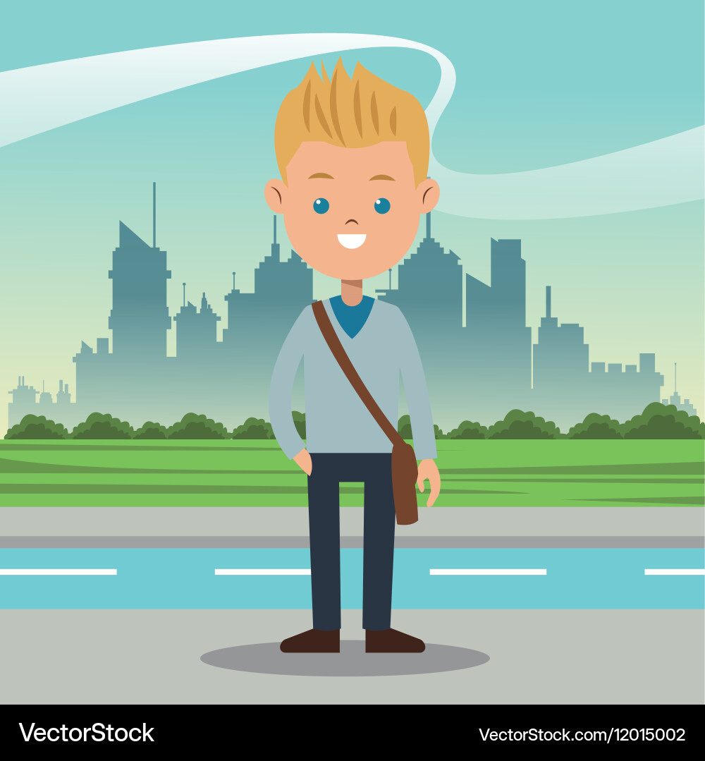 Boy blond blue eyes student urban background Vector Image