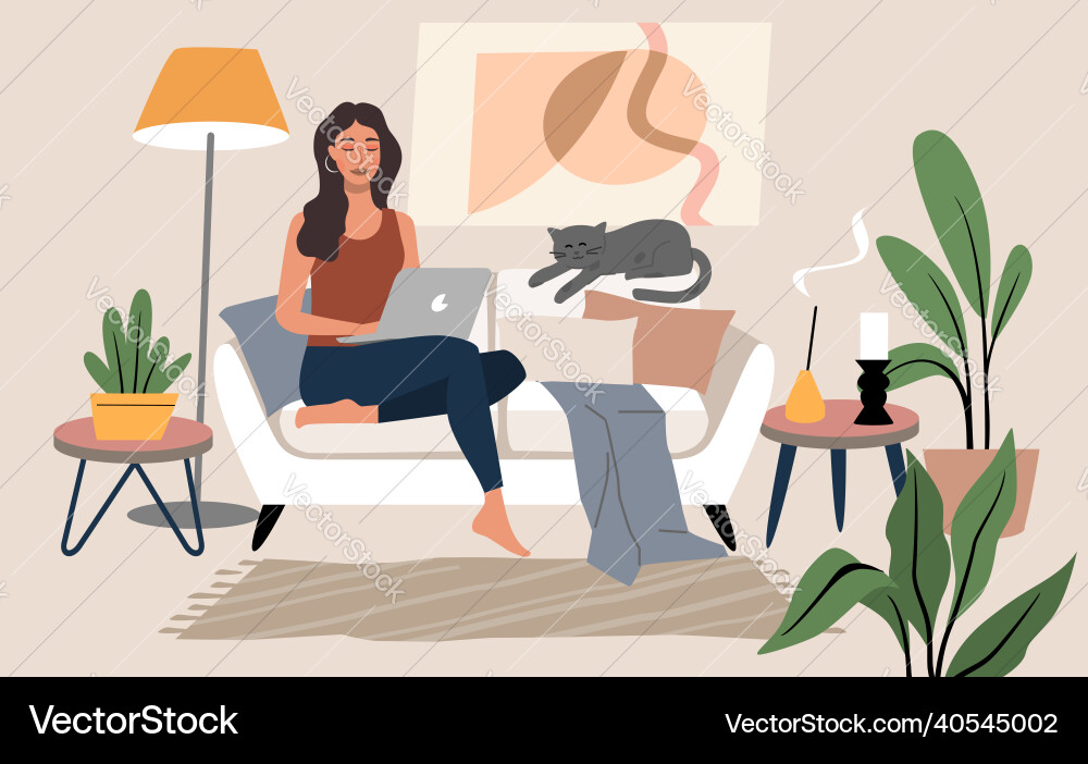 Woman relaxing at sofa with laptop computer Vector Image