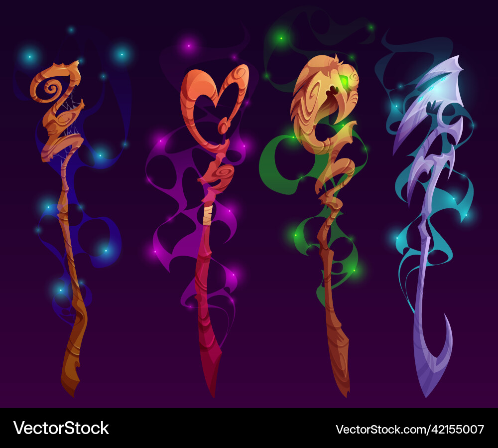 Fantasy magic staves wizard or magician scepters Vector Image