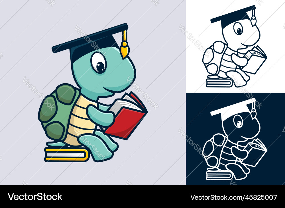 Funny turtle wearing graduation hat reading book Vector Image