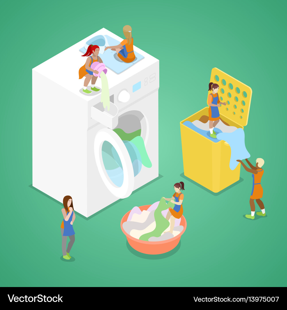 Isometric people washing clothes laundry service Vector Image