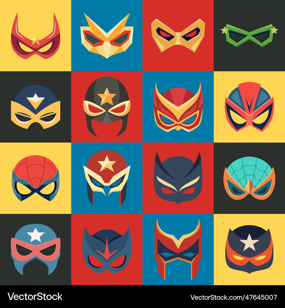 Super hero masks set in flat style face Royalty Free Vector