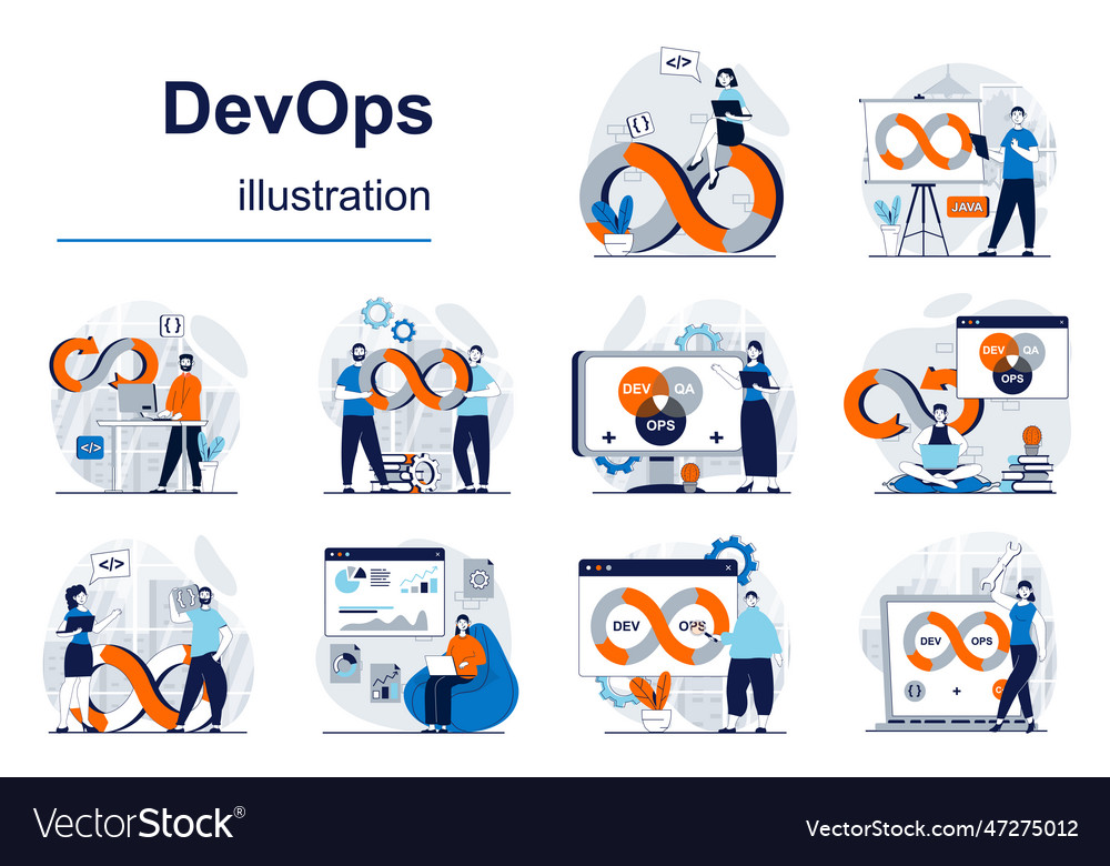 Devops concept with character situations mega set Vector Image