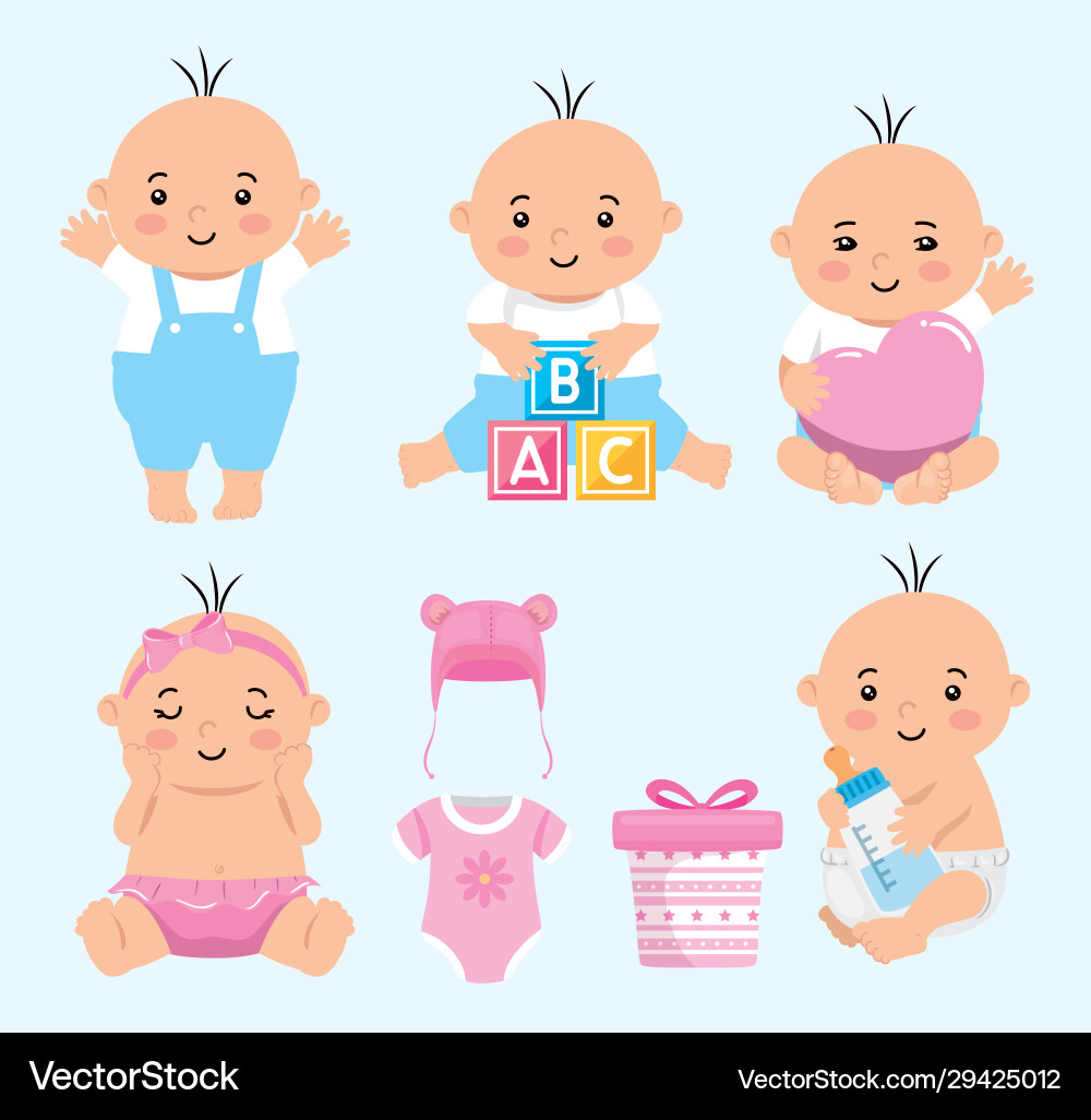 Group cute babies and icons Royalty Free Vector Image