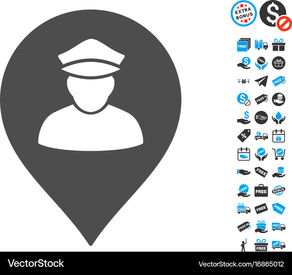 Policeman map marker icon with free bonus Vector Image