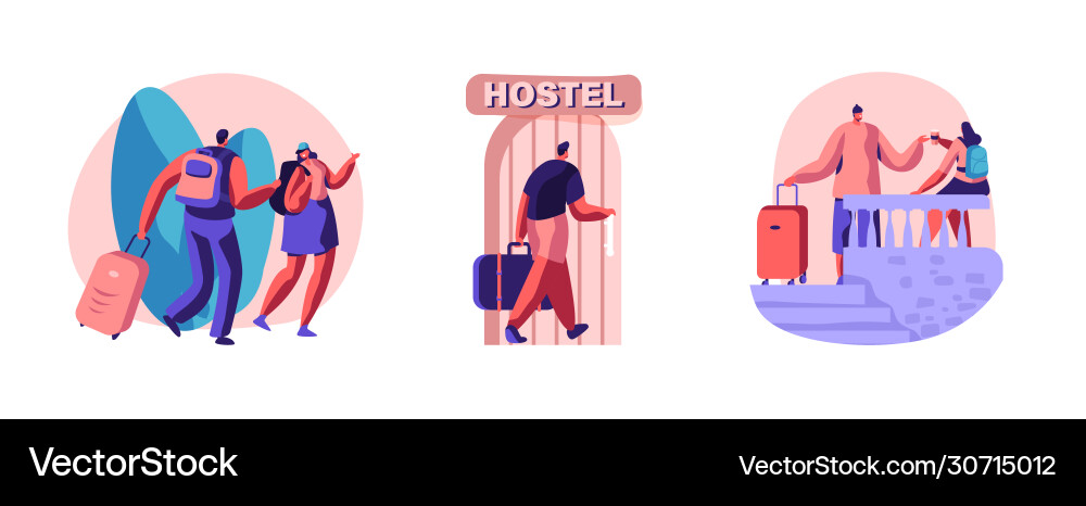 Set diverse young people arriving in hostel Vector Image