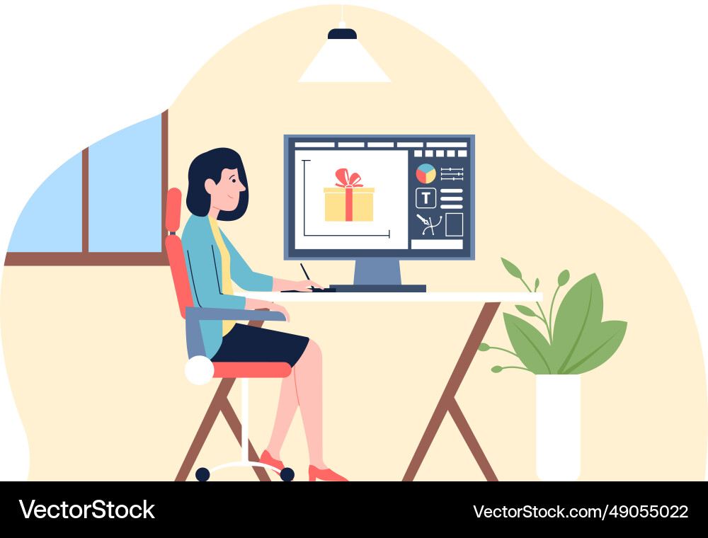 Digital designer working from home female Vector Image
