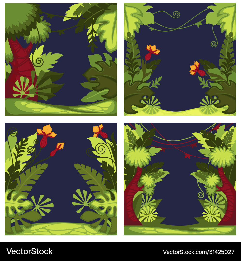 Jungle forest with flora plants at night set Vector Image