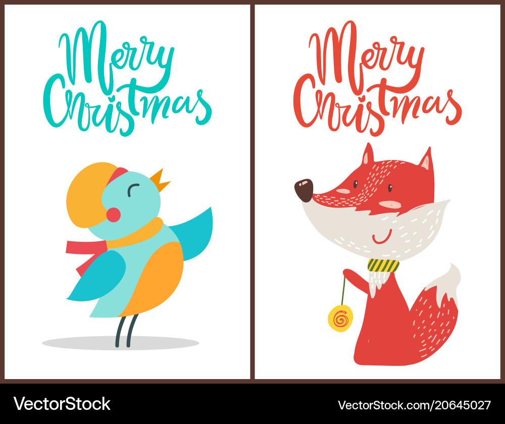 Merry christmas bird and fox Royalty Free Vector Image