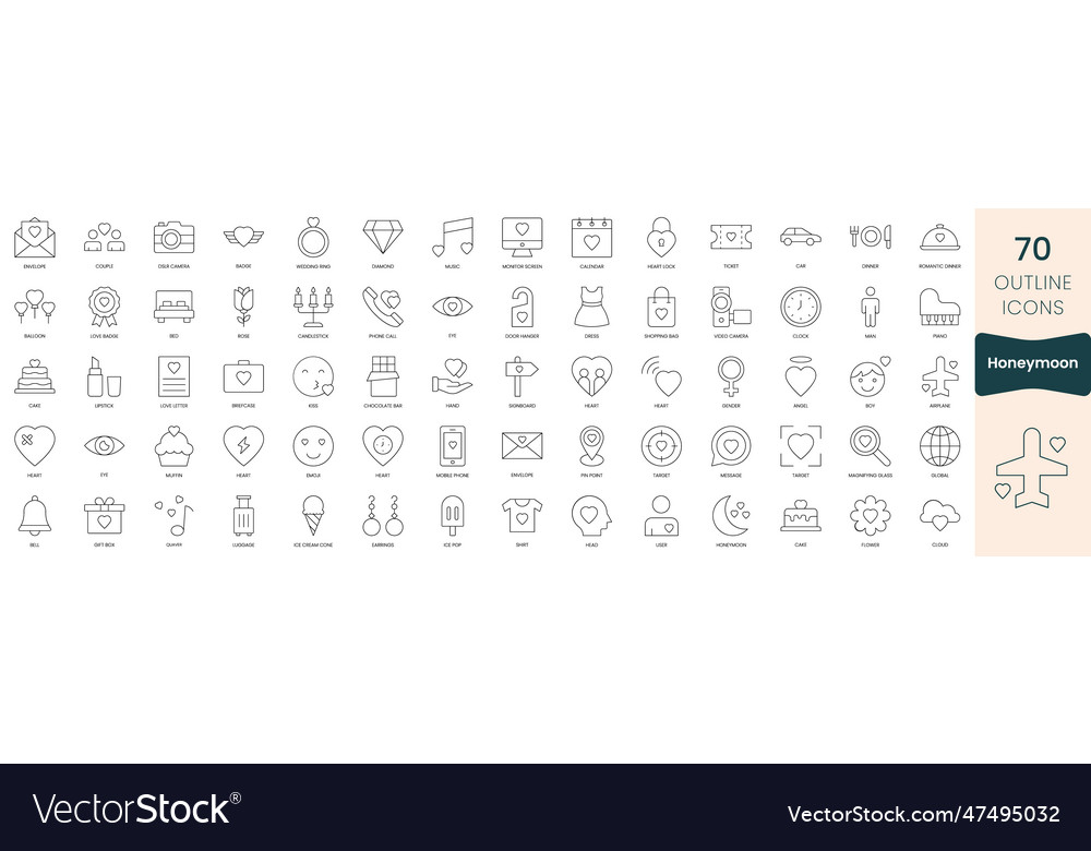Set of honeymoon icons thin outline icons pack Vector Image