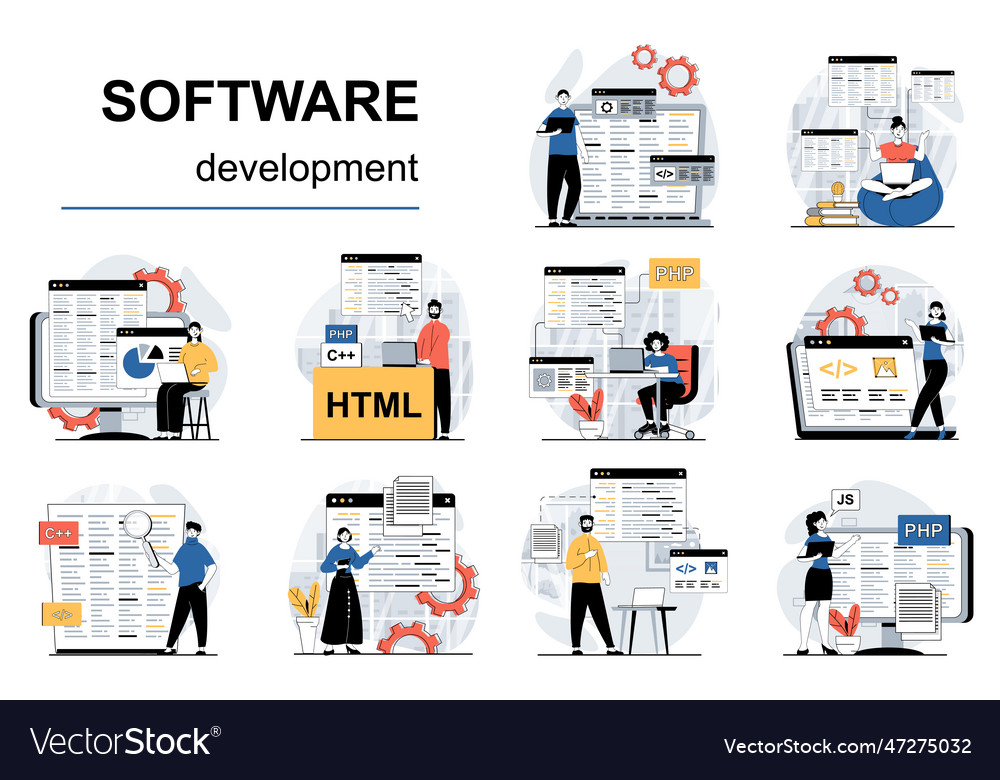 Software development concept with character Vector Image