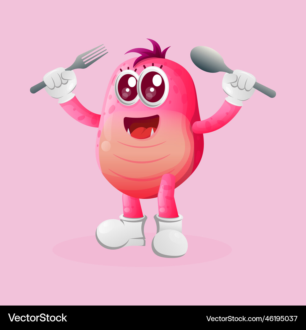 Cute pink monster holding spoon and fork Vector Image