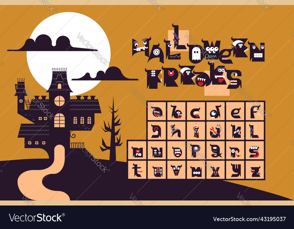 Halloween lowercase alphabet with haunted mansion Vector Image